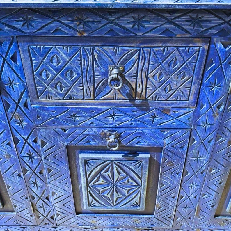 Majorelle Blue Moroccan Sideboard, Hand‑carved Solid Wood Buffet, Slim ...