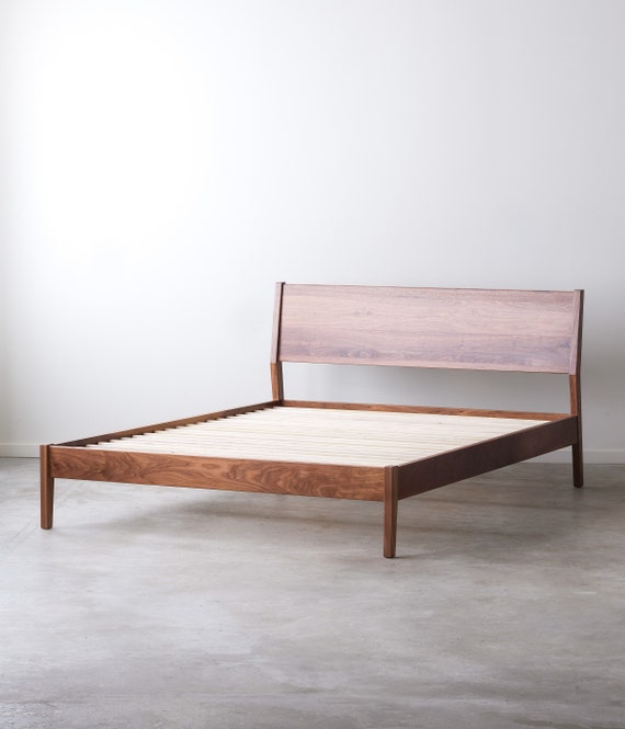 Fulton Bed Solid Wood Bed Frame With Slanted Headboard Etsy
