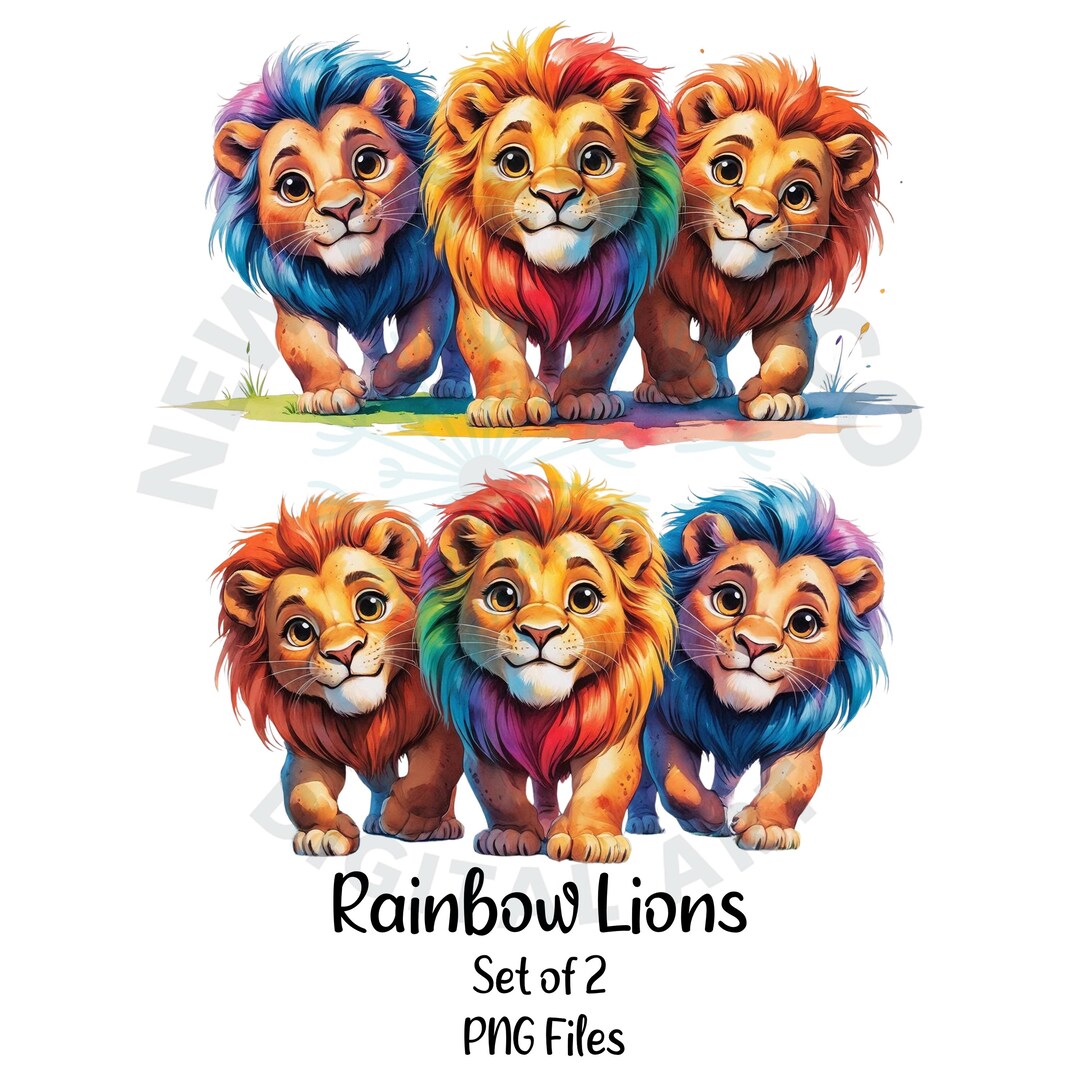 Cute Rainbow Lion Clipart Bundle, Watercolor Lion Clip Art, Lion PNG ...