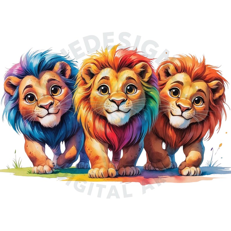 Cute Rainbow Lion Clipart Bundle, Watercolor Lion Clip Art, Lion PNG ...