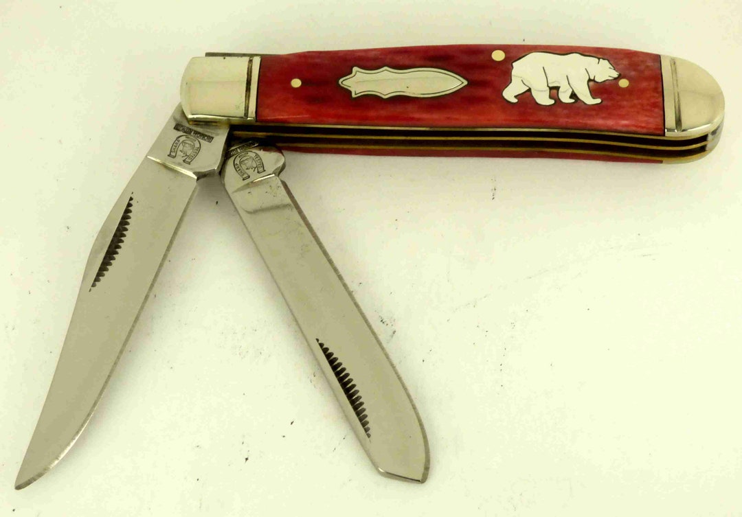 Rough Rider Red Bone Trapper Knife With Sterling Silver Bear Inlay - Etsy