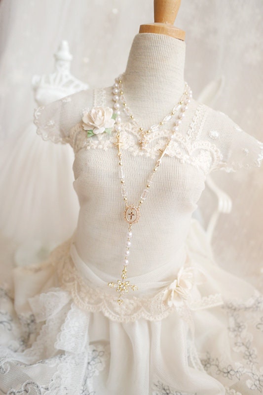 Pearl Rose Rosary Cross Necklace for Dolls BJD SD —“white Night” - Etsy