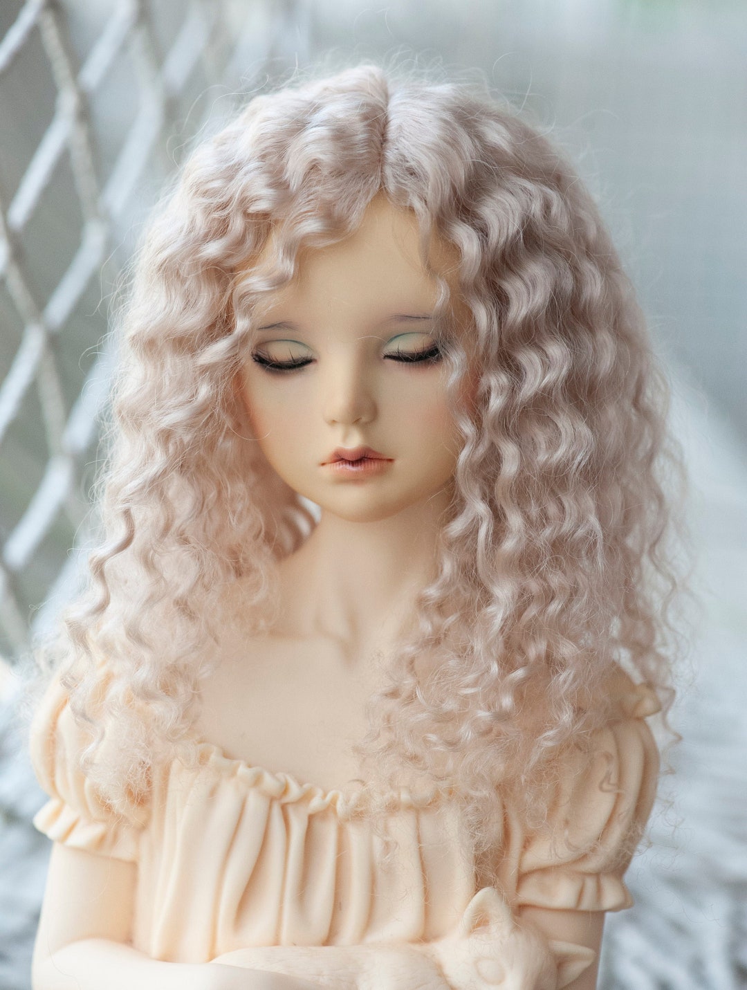 Angora Mohair Doll Wig: Light Blonde Curly BJD Pullip Wig (14cm-24cm ...