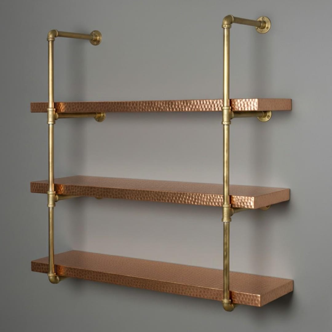Handcrafted Hammered Copper Wall Shelf – Industrial Pipe Bracket Shelf ...