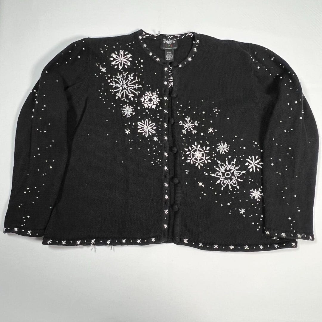 VTG 90's Snowflake Sweater P/XL Black Button up Cardigan Designers ...