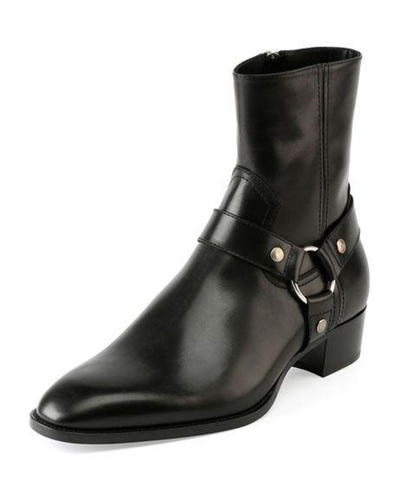 Elegant Black Leather Ankle Boot: Buckle Strap, Pointed Toe, Handmade ...
