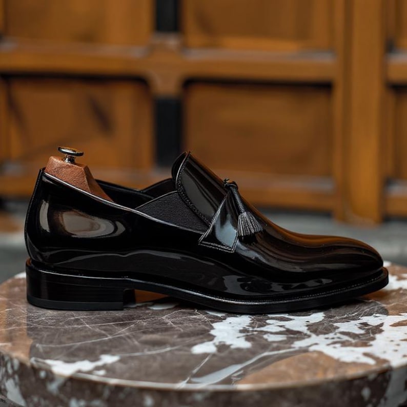 Handmade Black Patent Leather Tassel Loafers | Men's Formal Dress Shoes ...