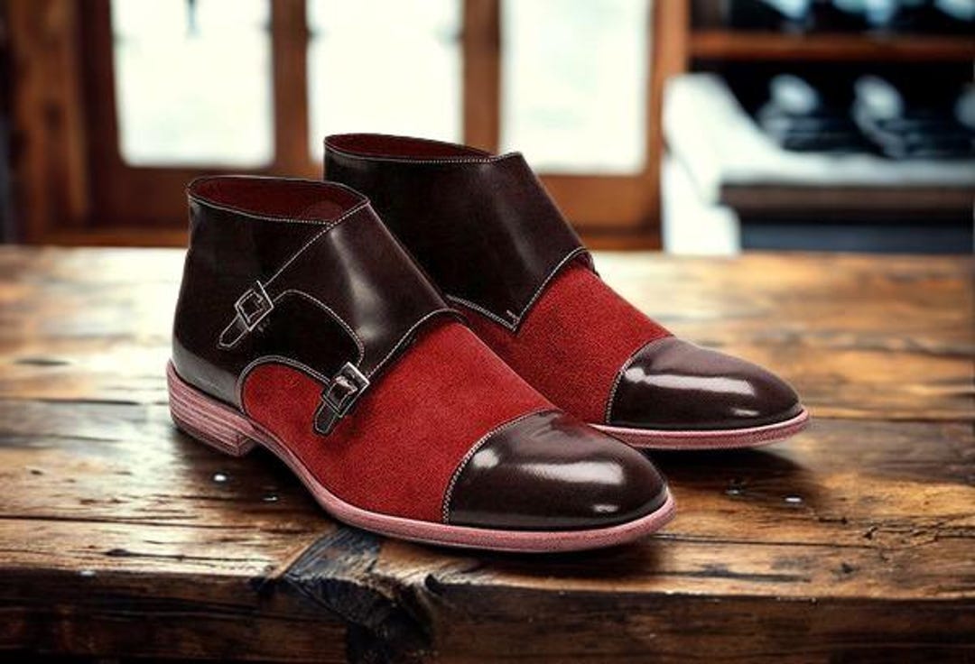 Handmade Two-tone Double Monk Boots: Red Suede & Brown Leather - Etsy