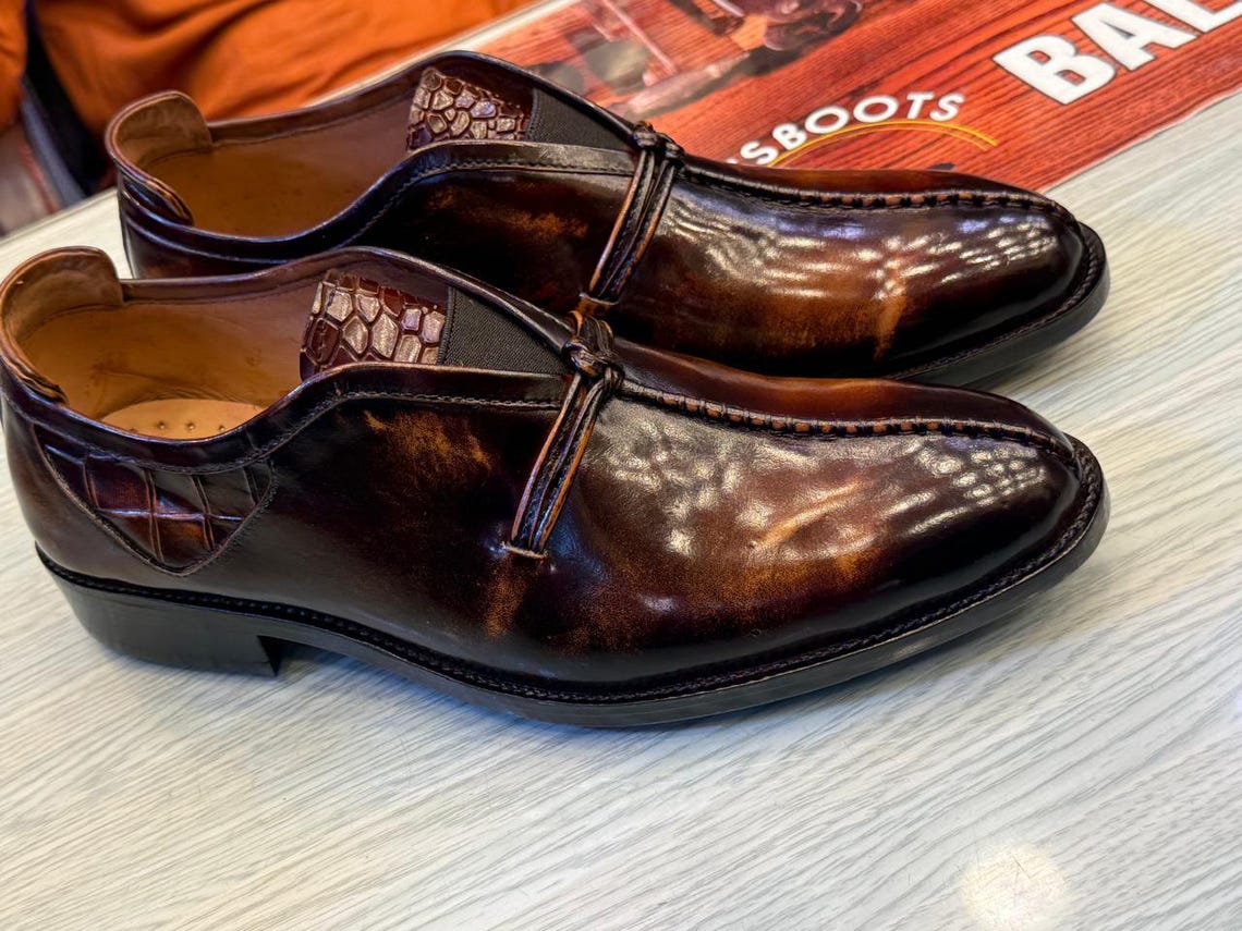 Handmade Patina Leather Dress Loafers: Croc Embossed Italian Style - Etsy