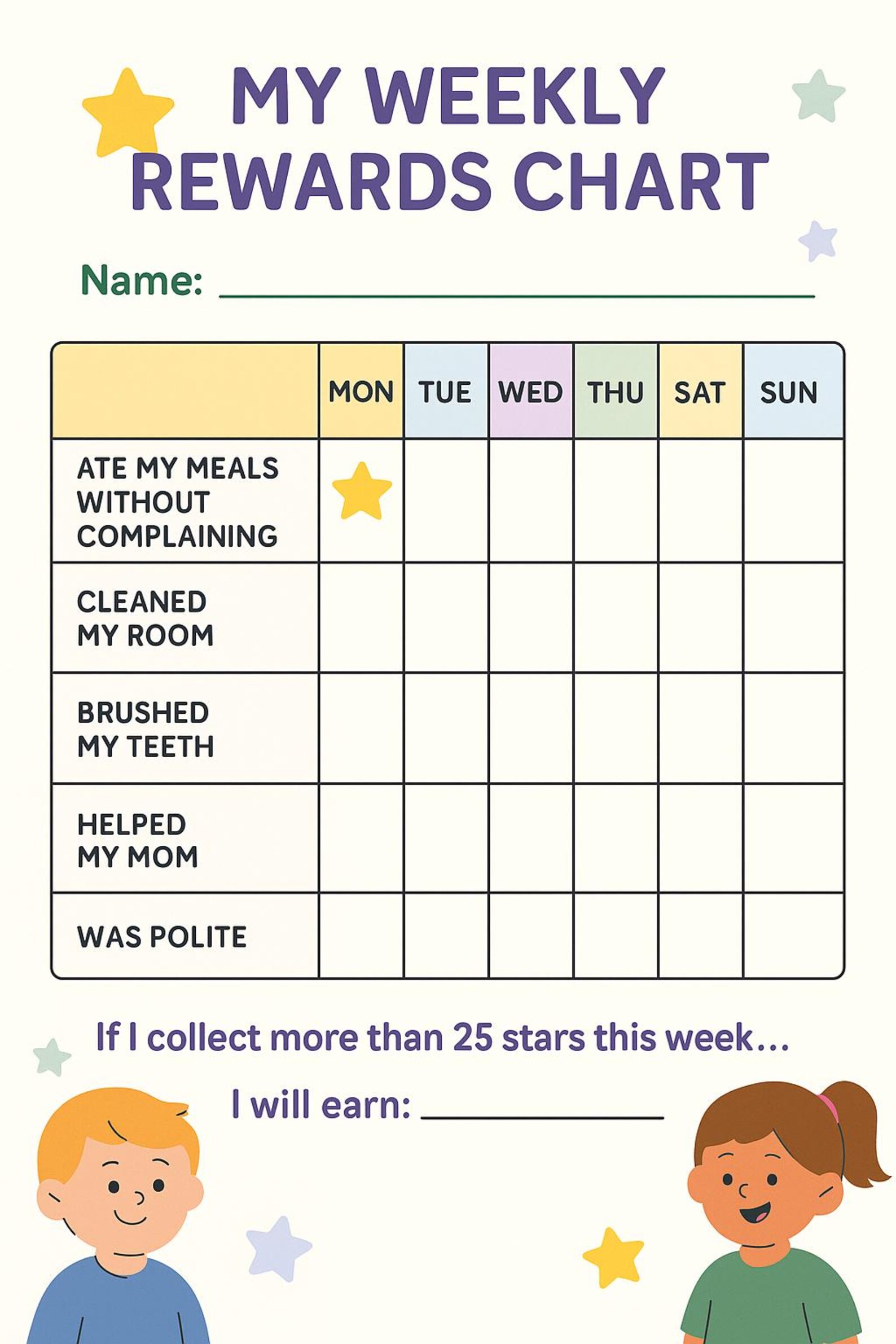 Kids Reward Chart Printable | Editable Responsibility Chart for ...