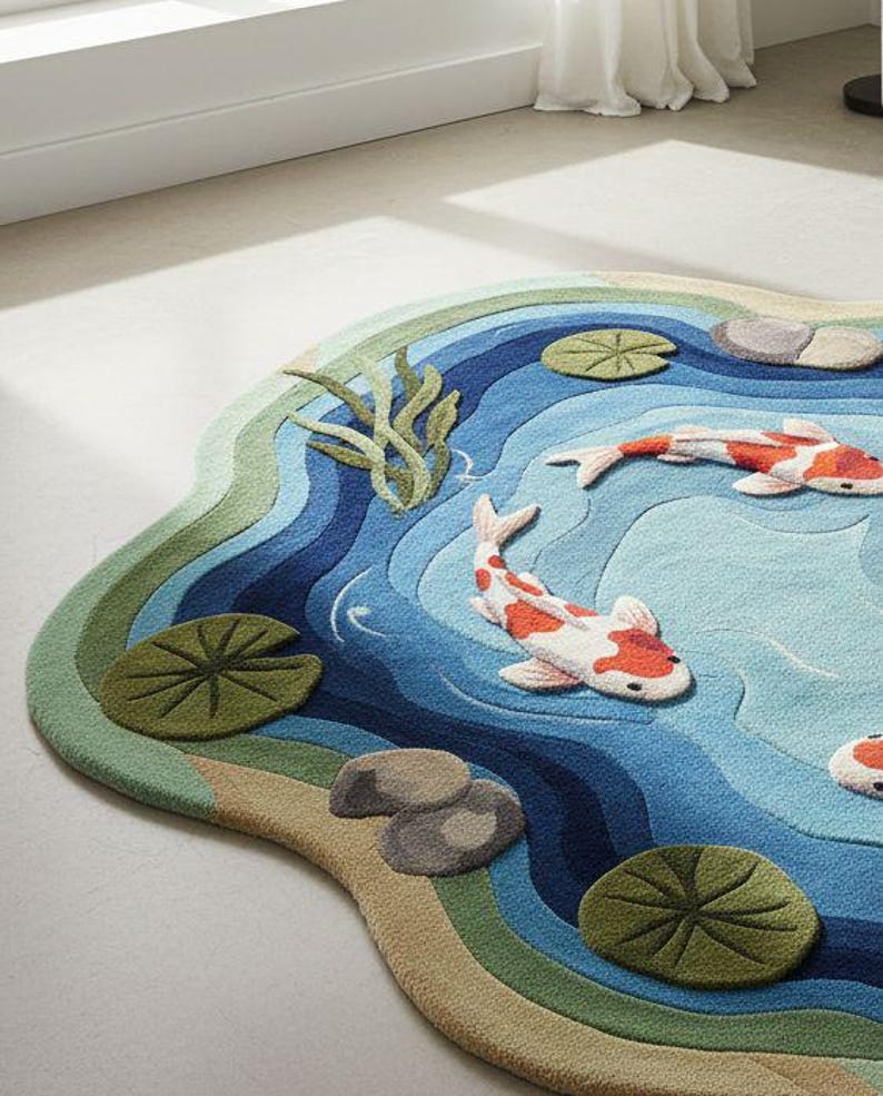 Koi Pond Serenity Hand-tufted Rug | Tranquil Waters Koi Carp Rug ...