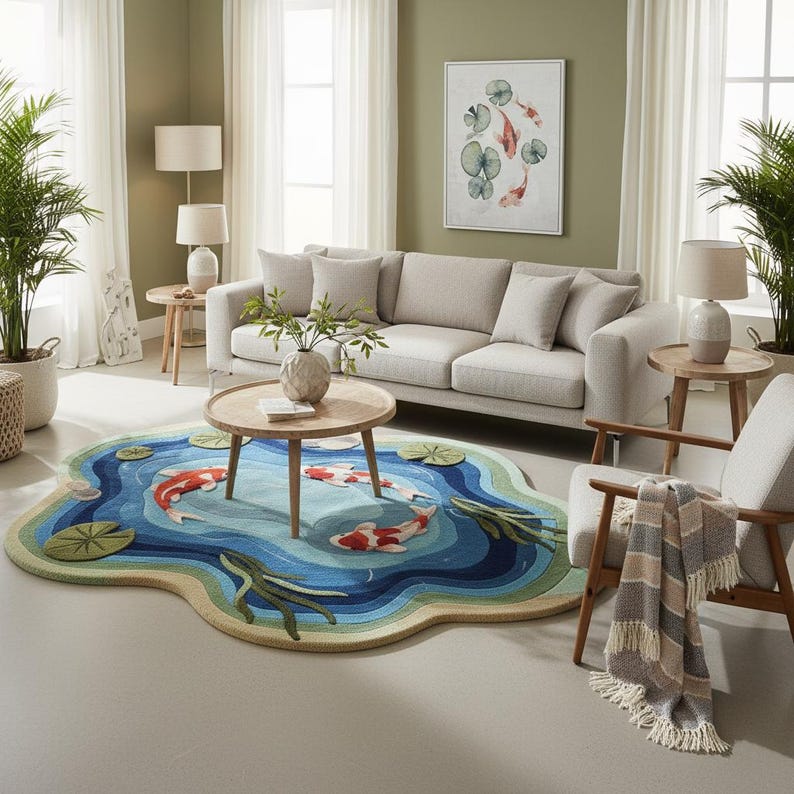 Koi Pond Serenity Hand-tufted Rug | Tranquil Waters Koi Carp Rug ...