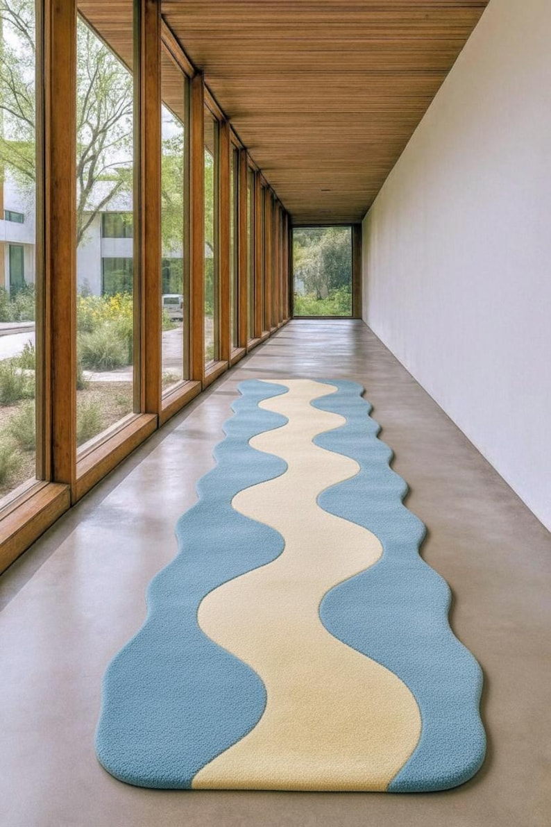 Retro Wave Wool Runner Rug, Hand-tufted Hallway Accent, Wavy Edge ...
