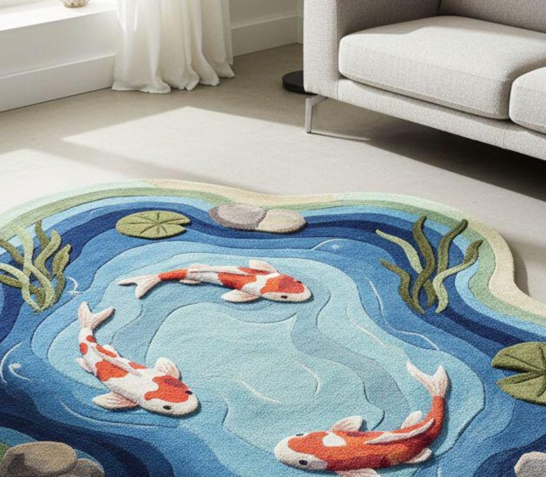 Koi Pond Serenity Hand-tufted Rug | Tranquil Waters Koi Carp Rug ...