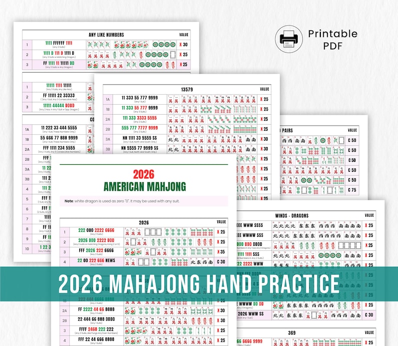 2026 American Mahjong Cheat Sheet Bundle | Mahjong Hand Tracker ...