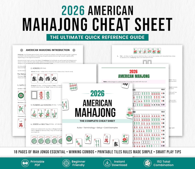 2026 American Mahjong Cheat Sheet Bundle | Mahjong Hand Tracker ...