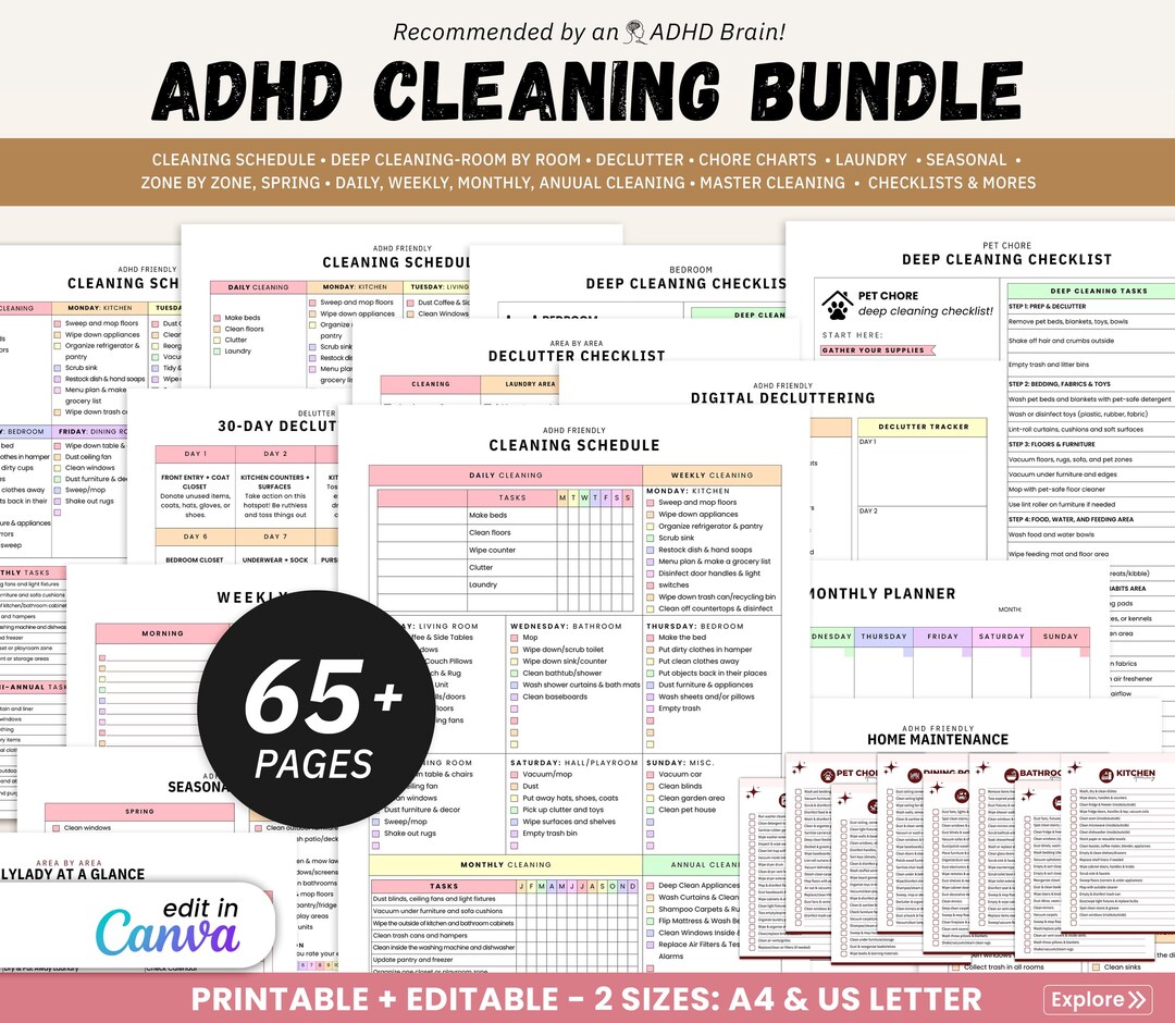ADHD Cleaning Planner Bundle, Editable Home Cleaning Schedule, Weekly ...