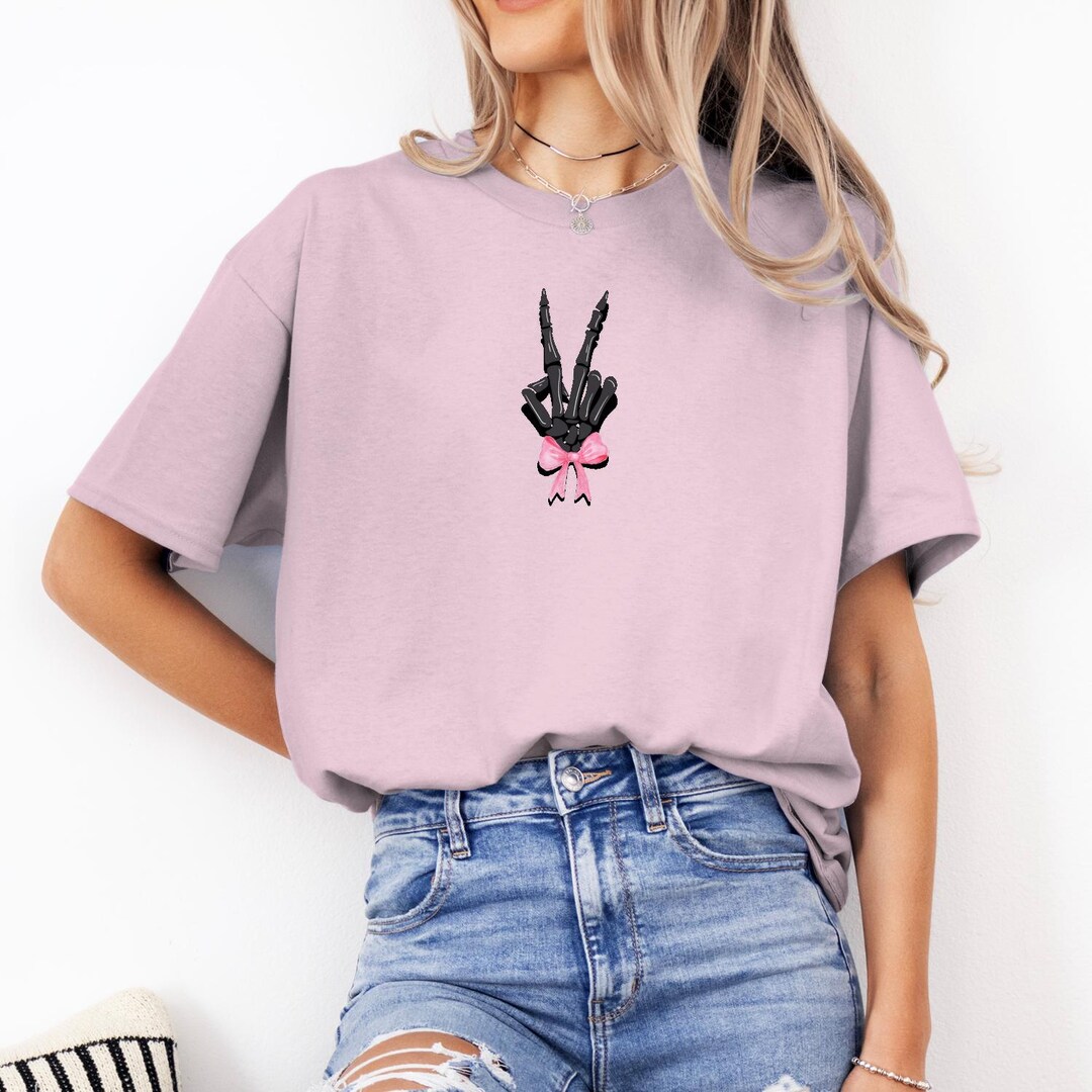 Pink Skeleton Hand Design Halloween Cotton T-shirt, Cute Pink Bow ...