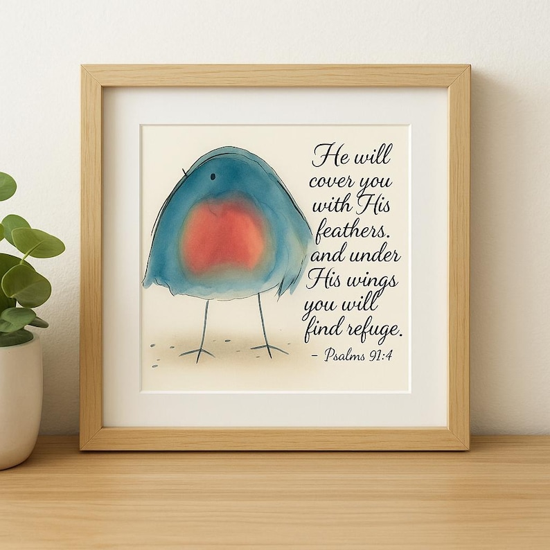 Original Watercolor Bird Print | Psalm 91:4 Scripture Art, Christian ...