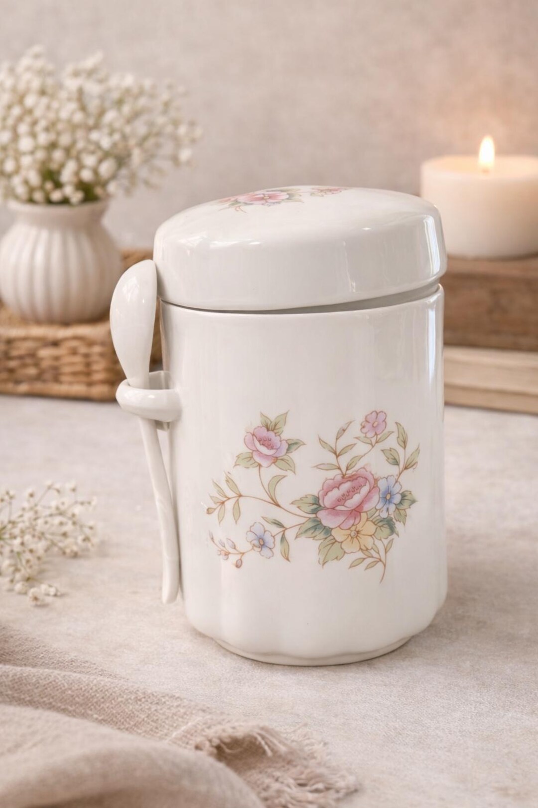 1988 Vintage FTDA Stamped Floral Kitchen Canister With Spoon - Etsy