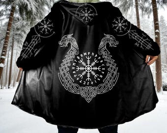 Vegvisir Viking Cloak, Norse Runes Sherpa Hooded Robe, Dragon Knotwork ...