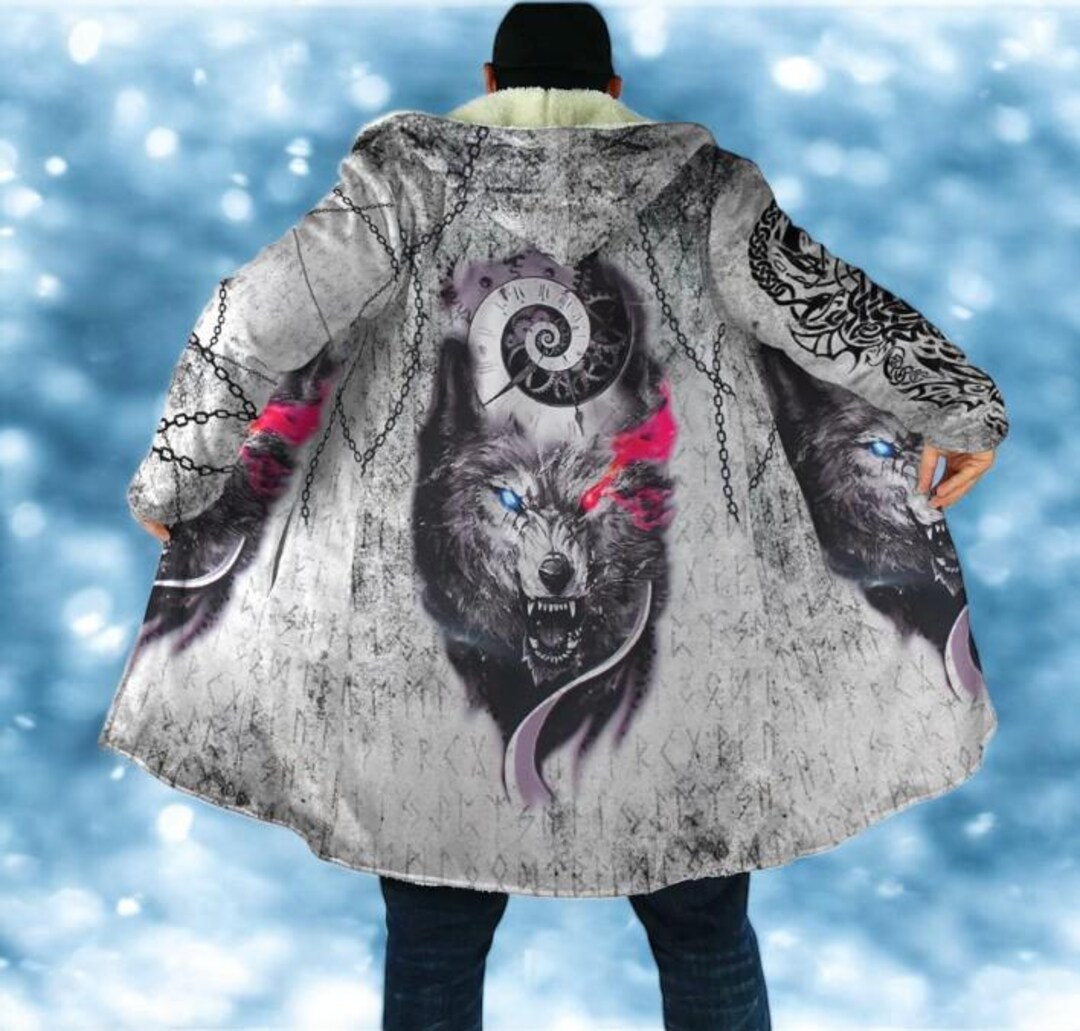 Fenrir Wolf Rune Hooded Cloak, Viking Norse Mythology Sherpa Lined ...