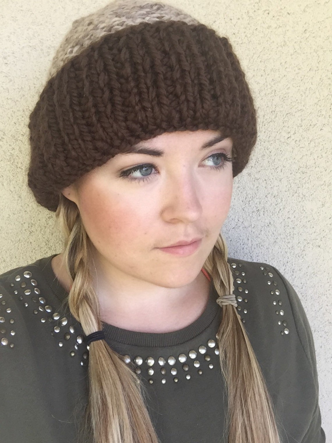 Wide Brim Knit Cap Chunky Knit Brown Textured Wool Blend - Etsy