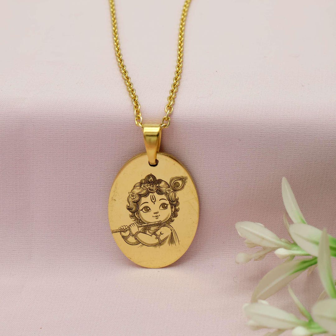 Gold Baby Krishna Pendant – Engraved Bal Kanha Necklace – Hindu ...