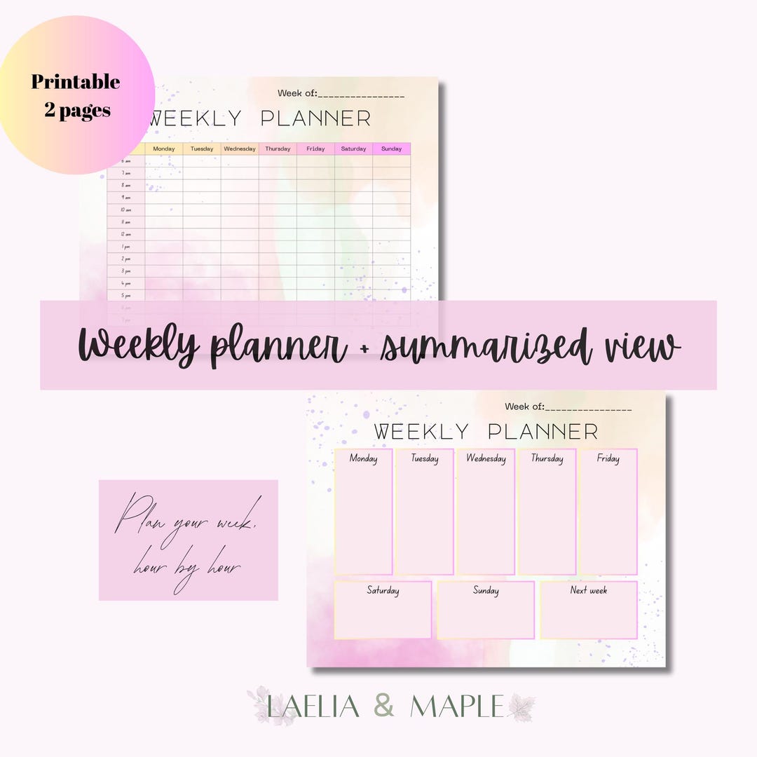 Pastel Watercolor Weekly Planner Printable: Hourly Schedule (PDF ...