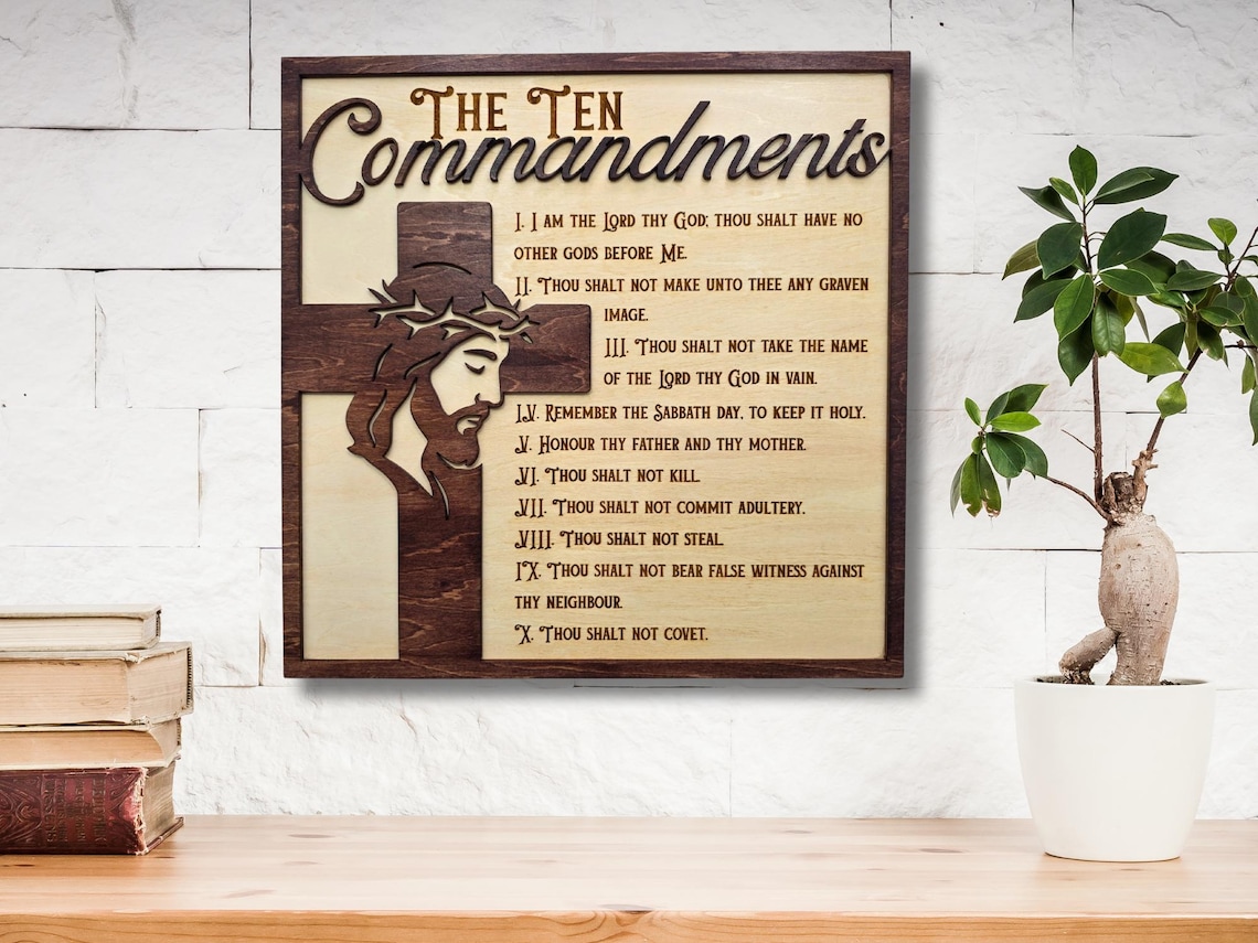 The 10 Commandments Wood Plaque, Jesus Cross Engraved Home Decor, Red ...