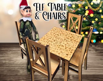 Christmas Elf Table & Chairs – Engraved Wooden Farmhouse Furniture for ...