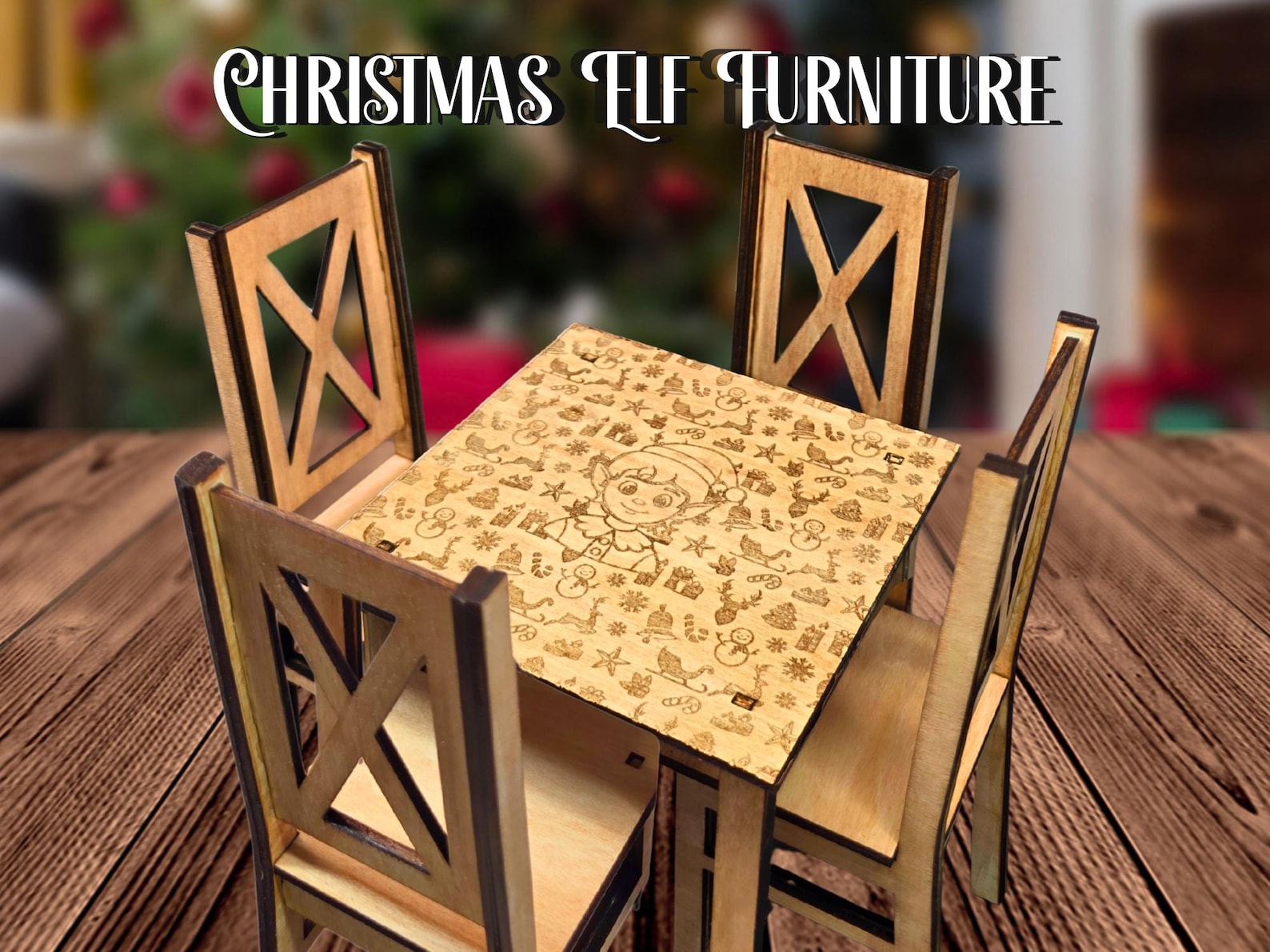 Christmas Elf Table & Chairs – Engraved Wooden Farmhouse Furniture for ...