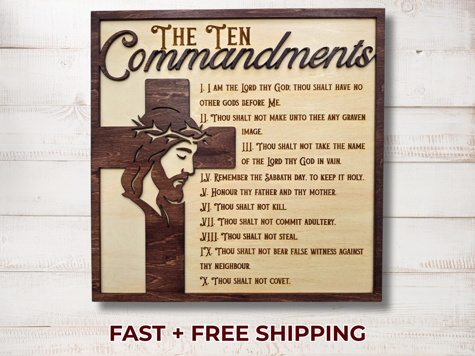 The 10 Commandments Wood Plaque, Jesus Cross Engraved Home Decor, Red ...