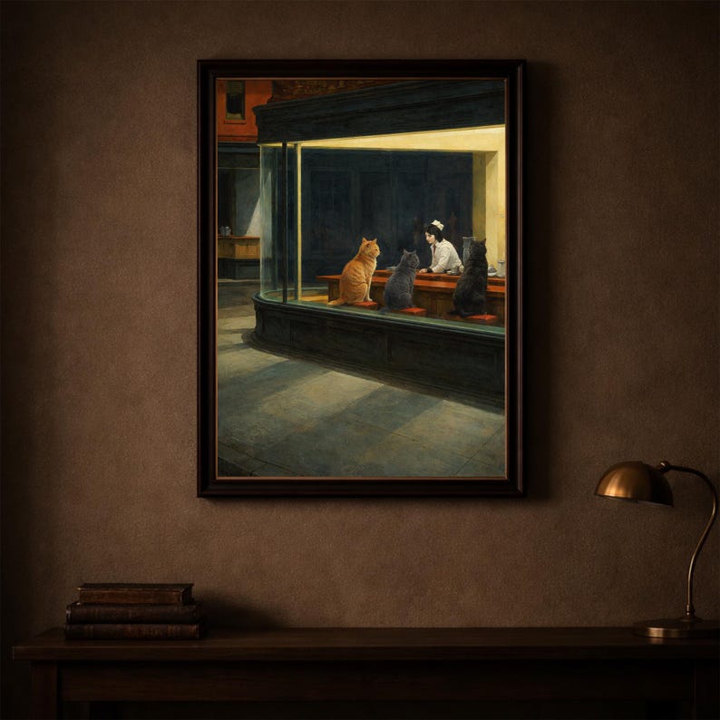 Nighthawks Cat Printable – Moody Diner Wall Art Download - Etsy