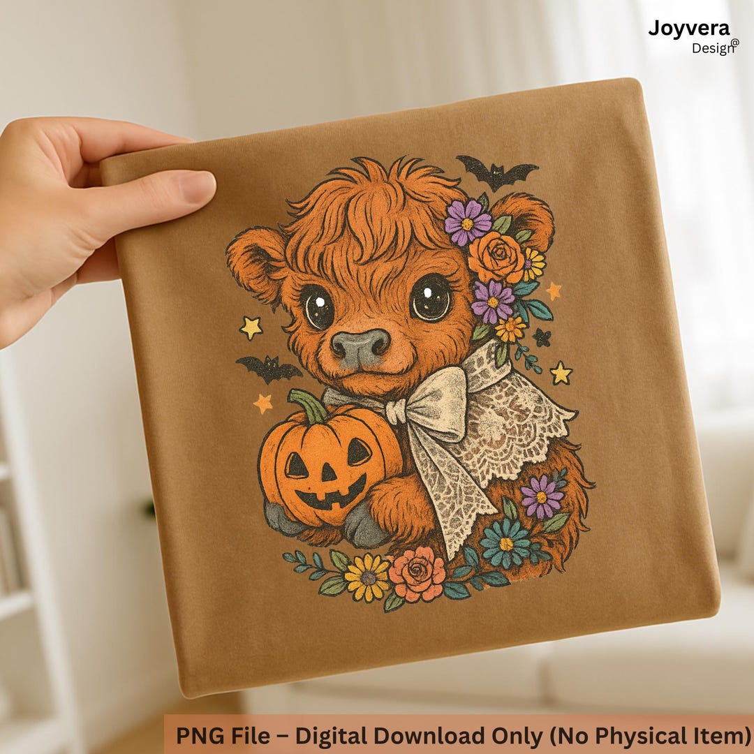 Highland Cow Halloween PNG Clipart – Calf Holding Pumpkin, Lace Bow ...