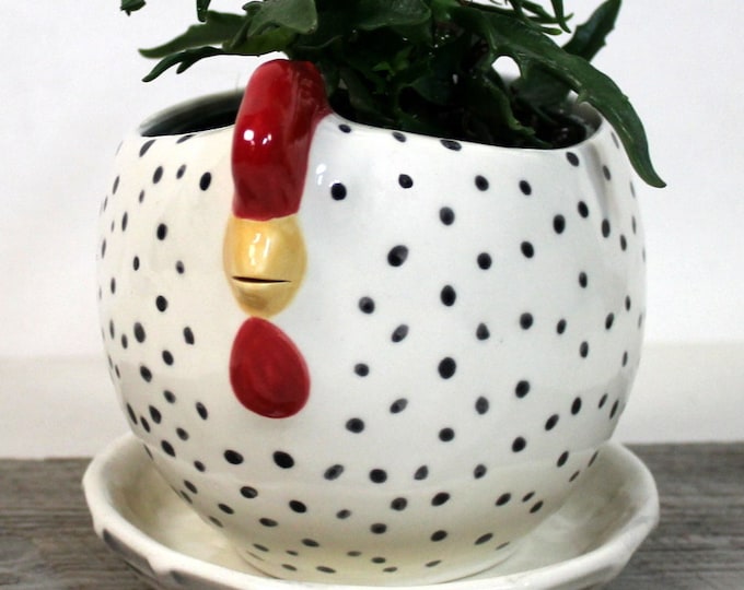 Chicken Planter 5'' X 4 1/4'' Drainage Hole Saucer Ceramic Pottery ...