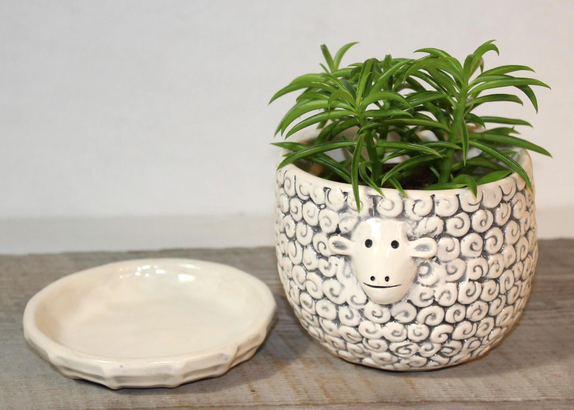 Small Sheep Planter 3 1/2'' X 3'' Drainage Hole and Saucer Ceramic ...