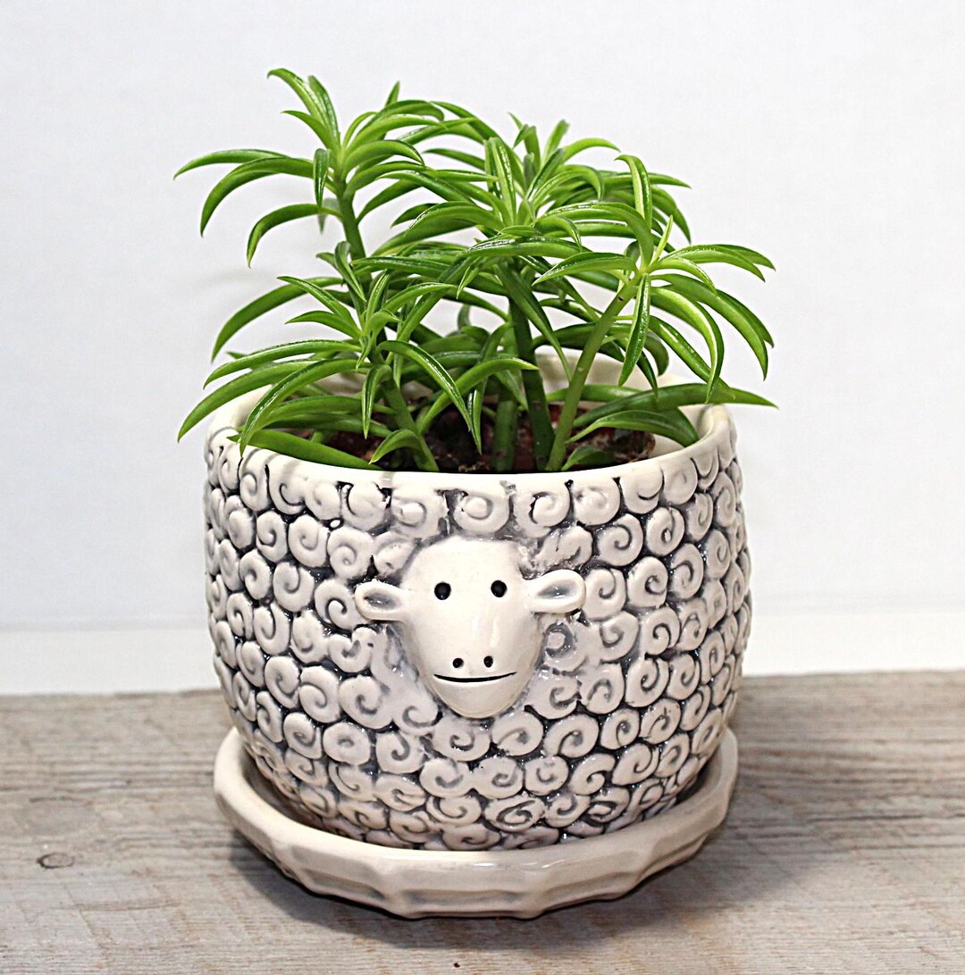 Small Sheep Planter 3 1/2'' X 3'' Drainage Hole and Saucer Ceramic ...