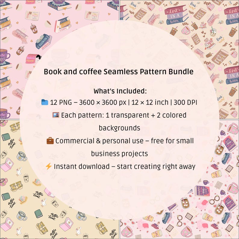Book and Coffee Seamless Pattern Bundle: Coquette Digital Paper (PNG ...