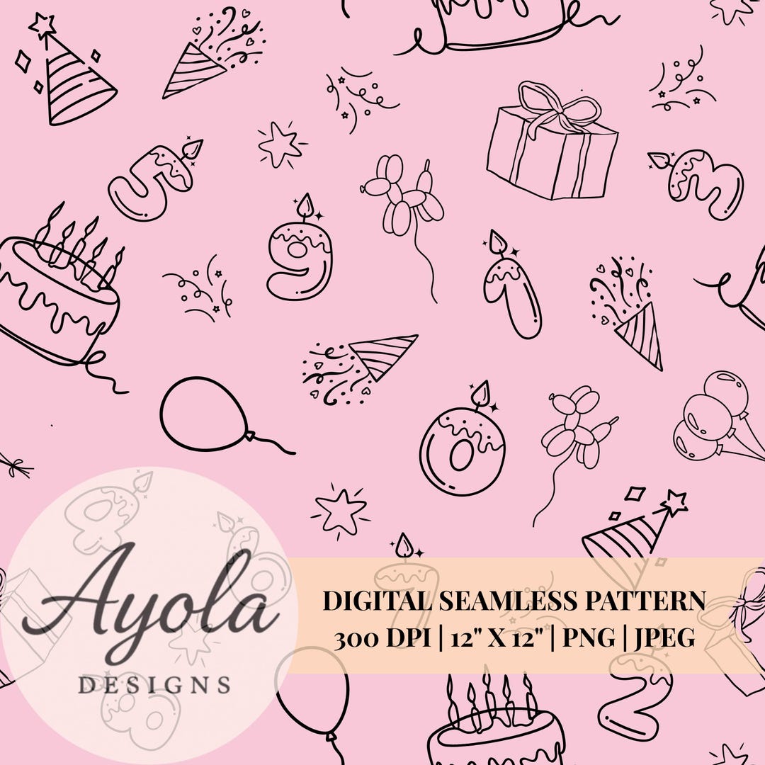 Birthday Party Line Art Seamless Pattern Digital Paper (PNG + JPEG ...