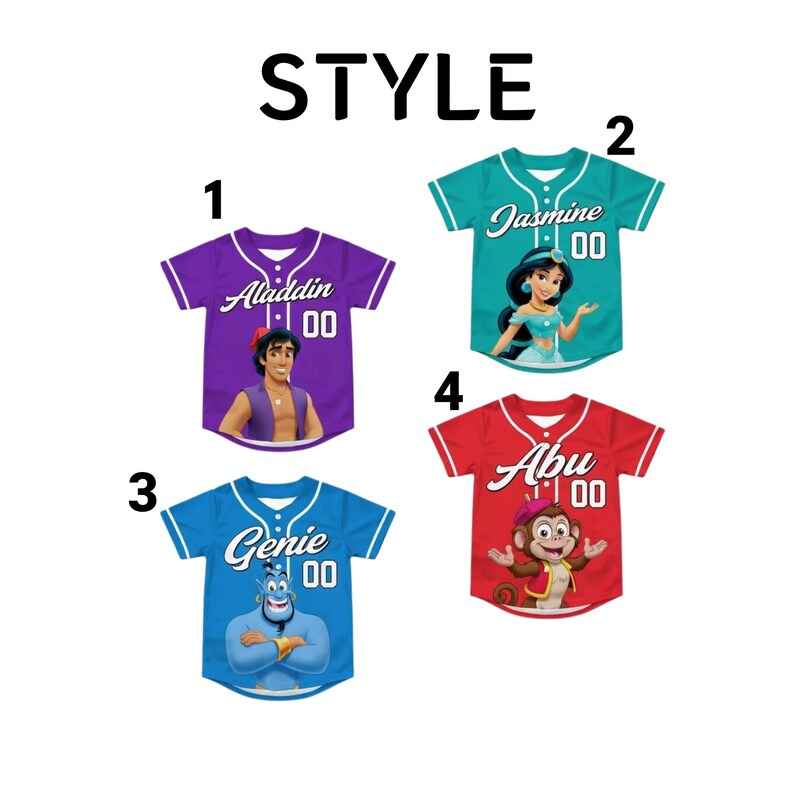 Personalized Disney Aladdin Kids Baseball Jersey, Aladdin Jasmine Genie ...