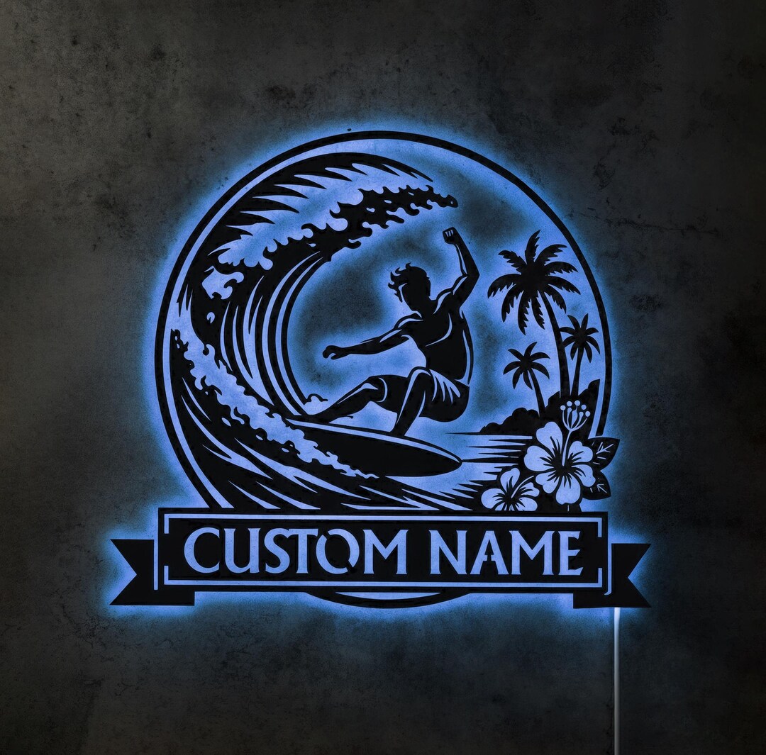 Personalized Surfing LED Wall Sign, Custom Name Surfer Metal Art, Beach ...