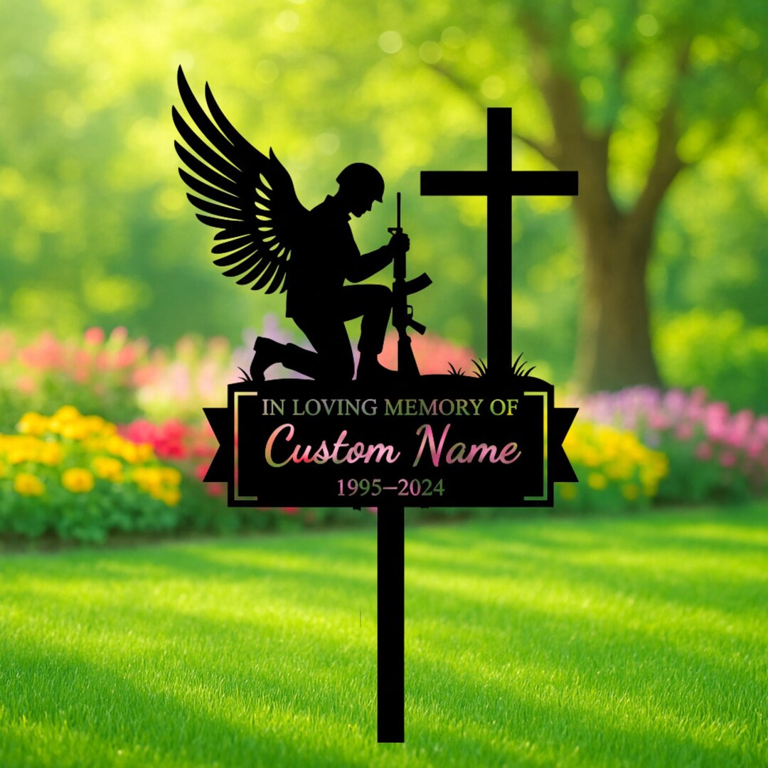 Personalized Soldier Memorial Garden Stake, Fallen Hero Cross Metal ...