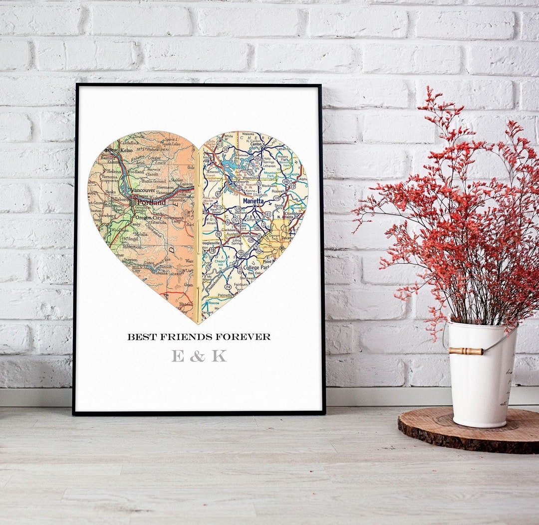 Custom Map Heart Art Personalized Long Distance Friendship Gift | Map ...