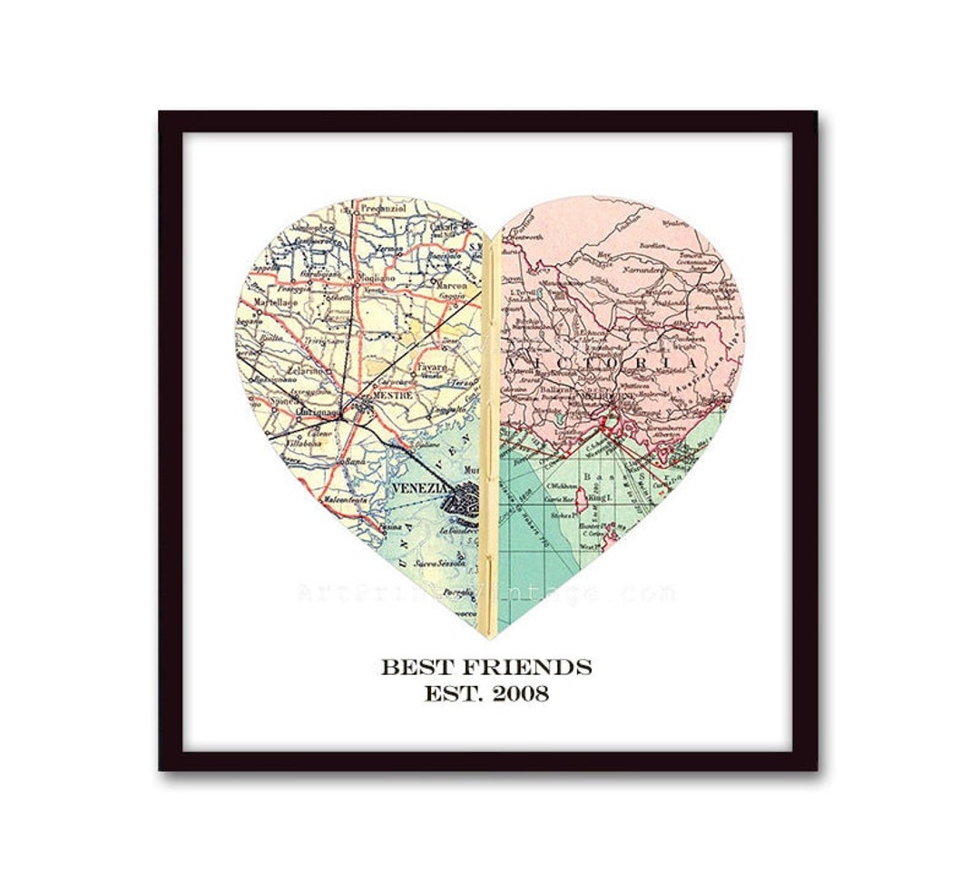 Map Heart Art, Long Distance Friendship, Best Friend Gift, Map Art ...