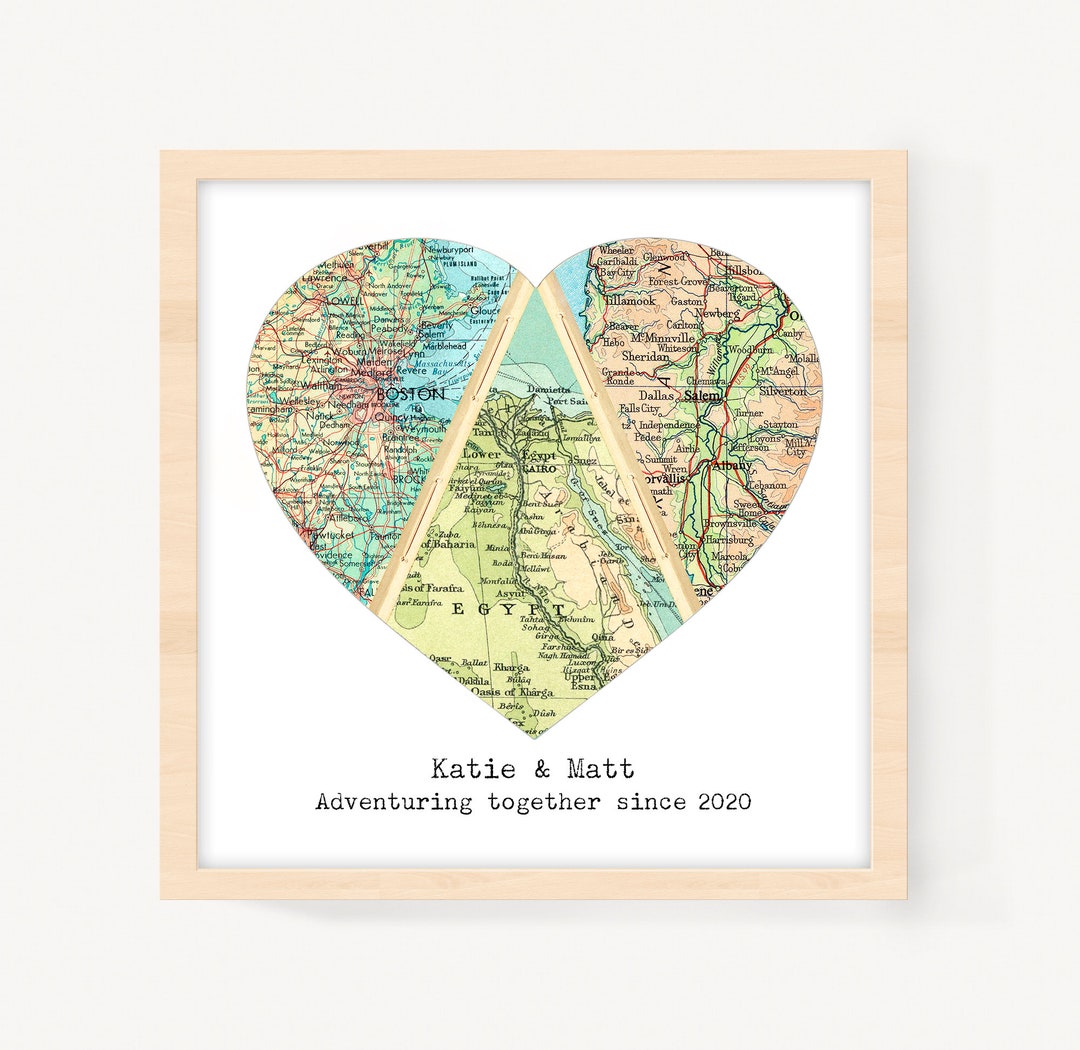 Wedding Gift for Couple, Custom 3 Map Art, Adventure Together, Heart ...