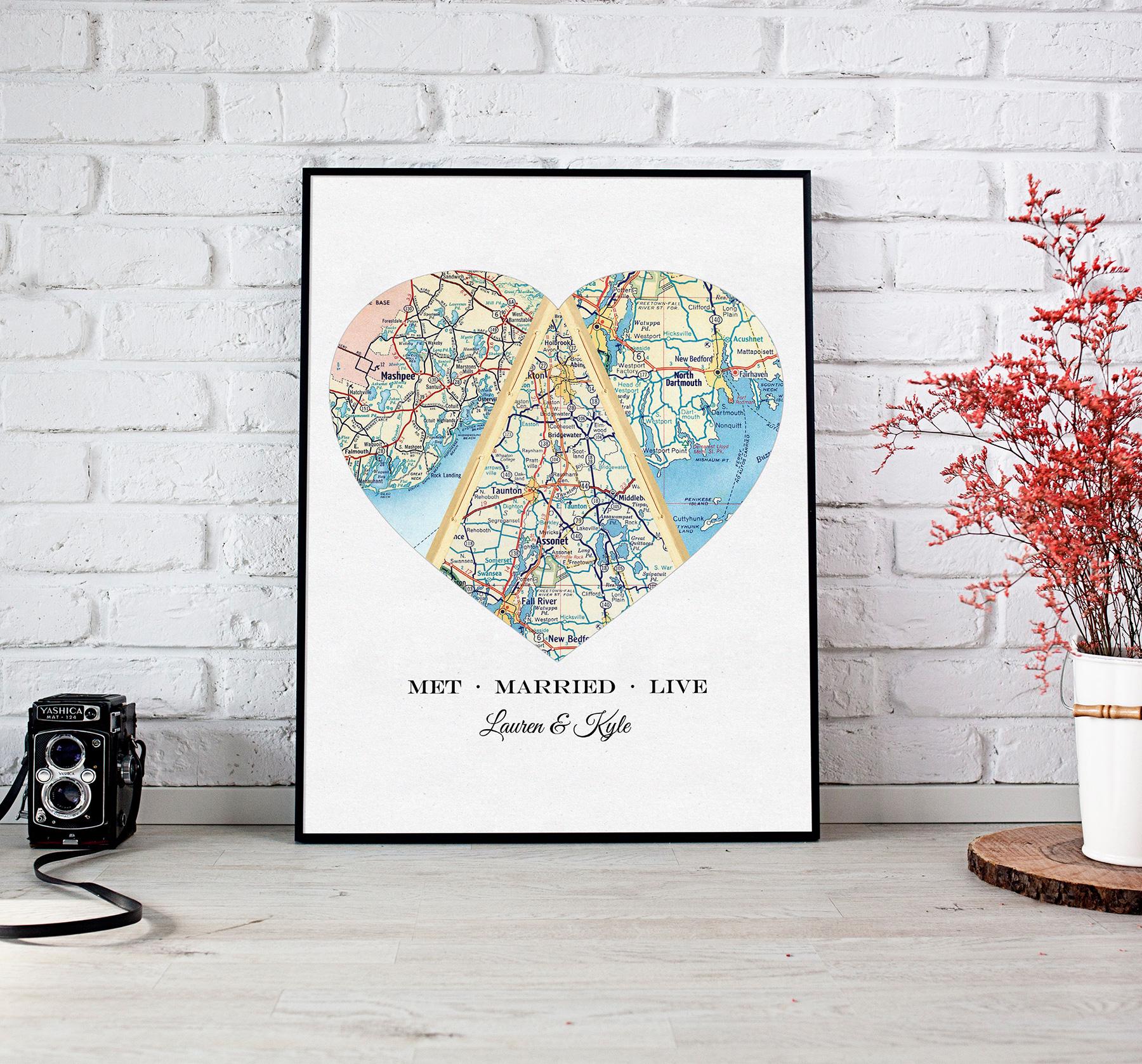 Custom Couples Map Art Bridal Shower/wedding Gift | Unique Anniversary ...