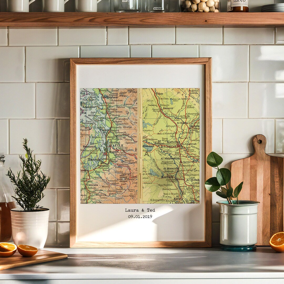 Custom Anniversary Two Location Map Art, Personalized Engagement or ...