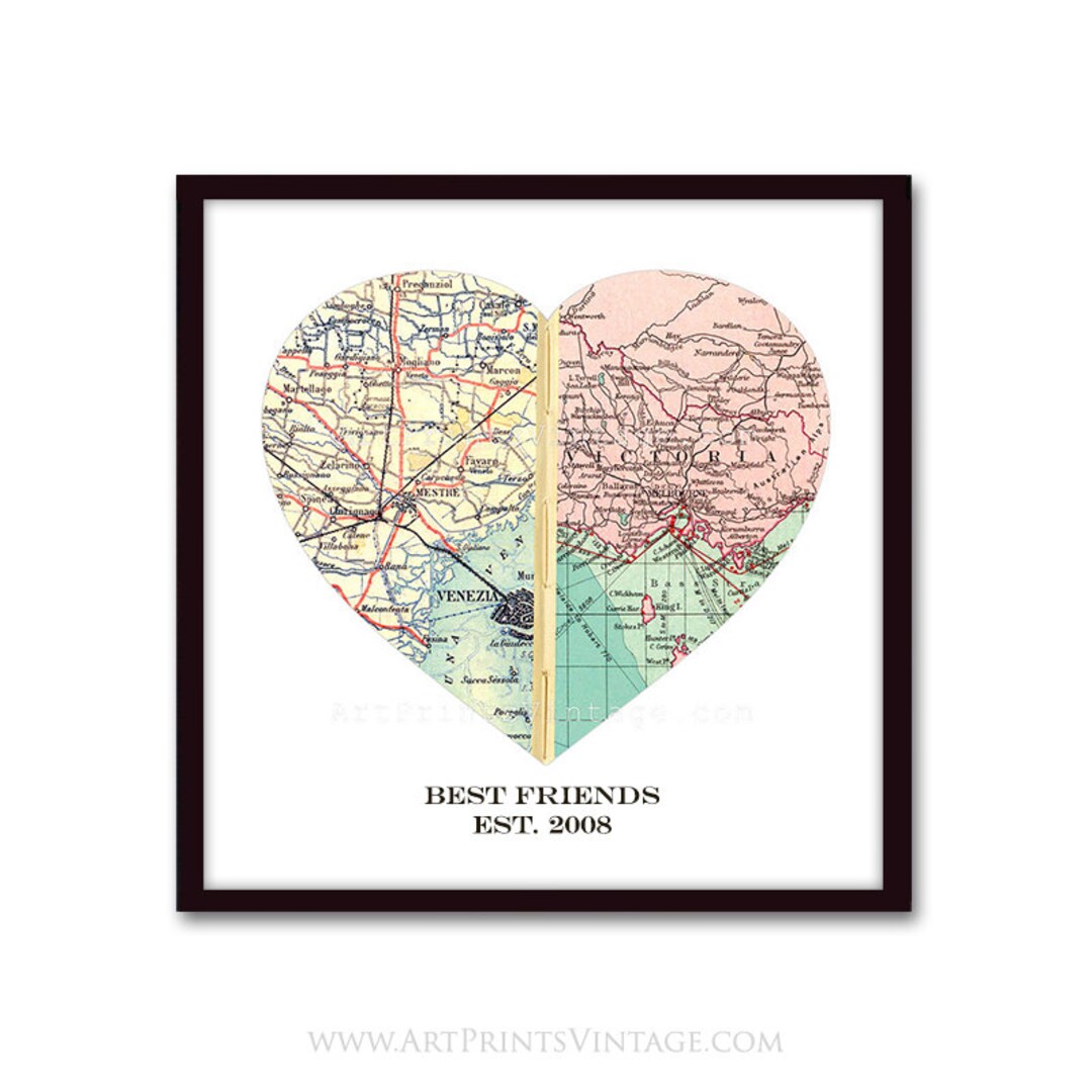 Map Heart Art Long Distance Friendship Best Friend Gift Map - Etsy