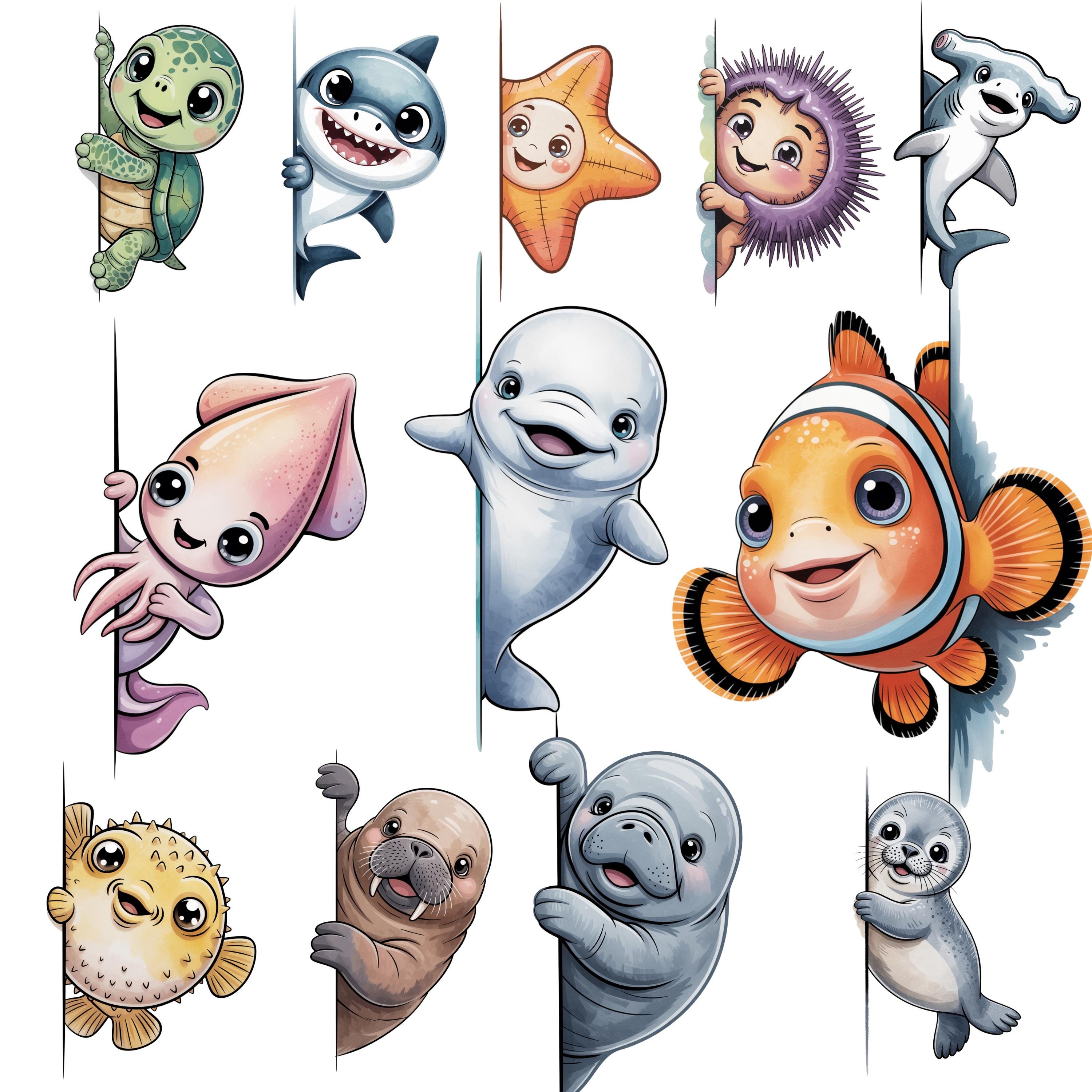 22 Cute Underwater Animals PNG Bundle | Peeking Sea Creatures Clipart ...